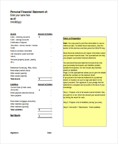 FREE 9+ Personal Financial Statement Form Samples in PDF | MS Word | Excel