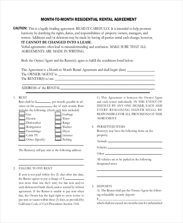 FREE 7+ Sample Rental Agreement Month to Month Forms in PDF | MS Word
