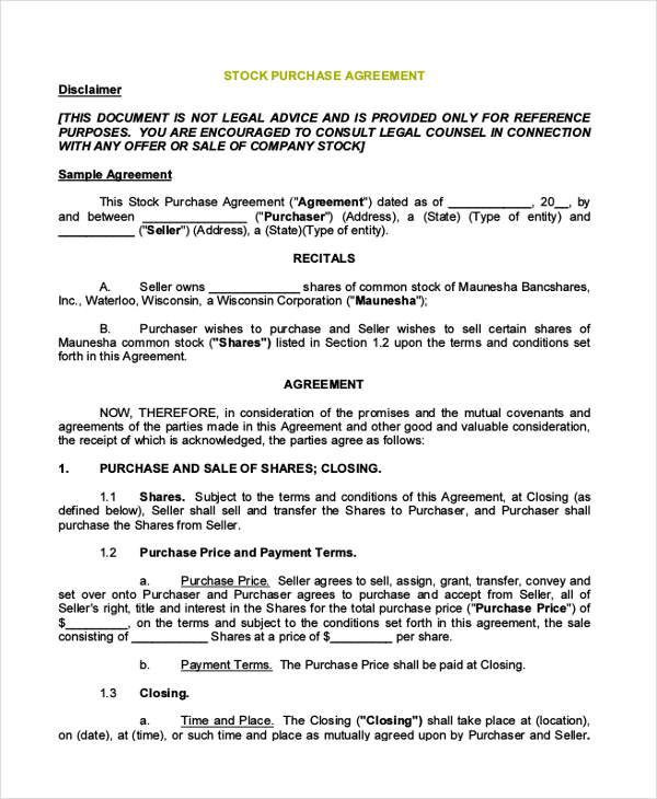 FREE 7+ Sample Stock Purchase Agreement Forms in PDF | MS Word