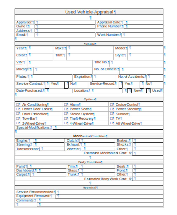 FREE 8+ Sample Vehicle Appraisal Forms in PDF | MS Word