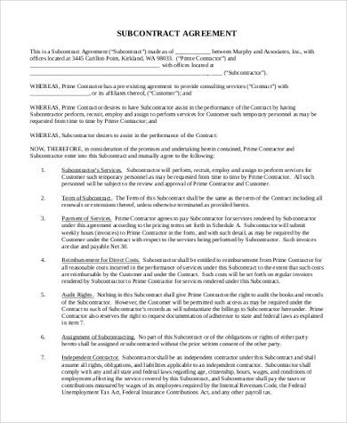 FREE 9+ Sample Subcontractor Agreement Forms in MS Word | PDF