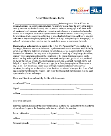 FREE 9+ Sample Actor Release Forms in PDF | MS Word