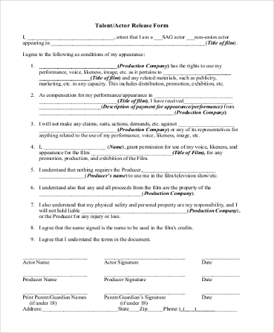 FREE 9+ Sample Actor Release Forms in PDF | MS Word