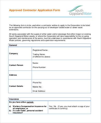 FREE 14+ Contractor Application Form Samples, PDF, MS Word, Google Docs ...