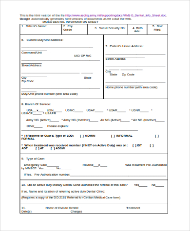 FREE 6+ Sample Army Dental Forms in PDF | MS Word