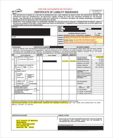 FREE 10+ Certificate of Liability Insurance Form Samples, PDF, MS Word ...
