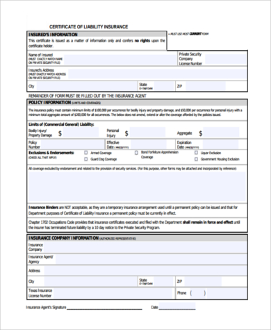 FREE 10+ Certificate of Liability Insurance Form Samples, PDF, MS Word ...