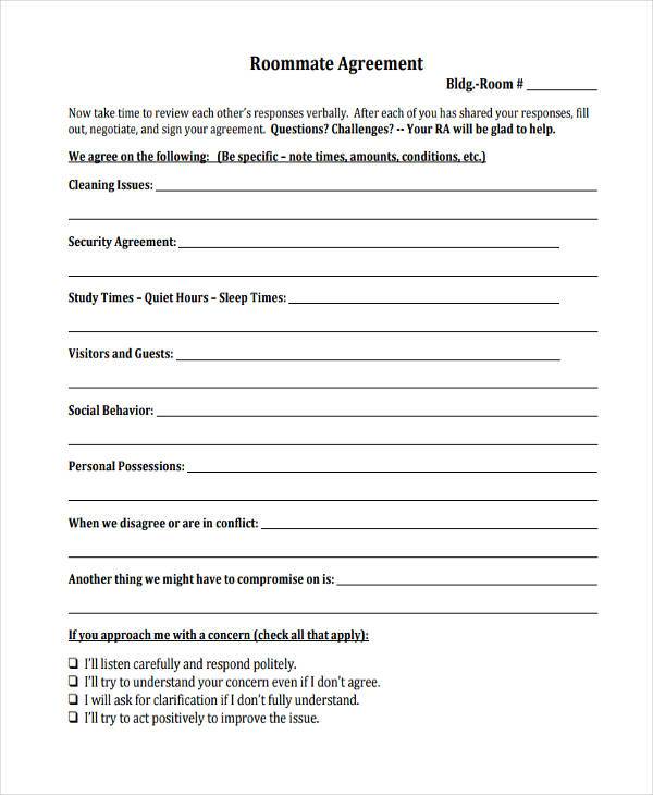 FREE 9 Sample Roommate Agreements In PDF MS Word