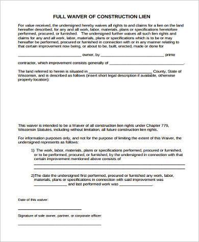 FREE 8+ Sample Lien Waiver Forms in PDF | MS Word