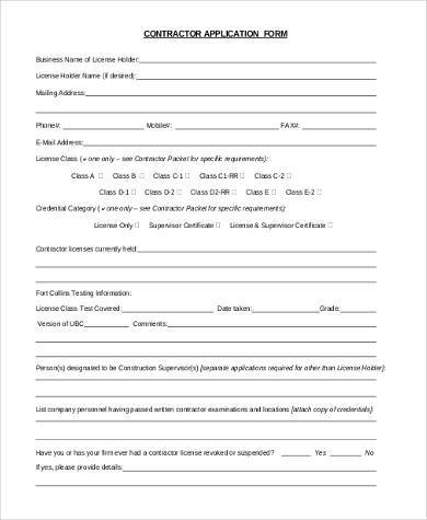 FREE 14+ Contractor Application Form Samples, PDF, MS Word, Google Docs ...