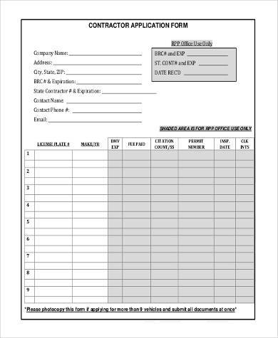 FREE 14+ Contractor Application Form Samples, PDF, MS Word, Google Docs ...