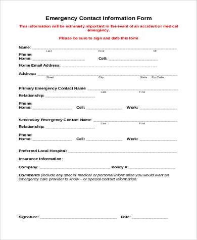 FREE 9+ Sample Emergency Information Forms in PDF | MS Word