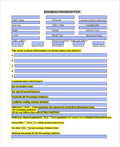 FREE 9+ Sample Emergency Information Forms in PDF | MS Word