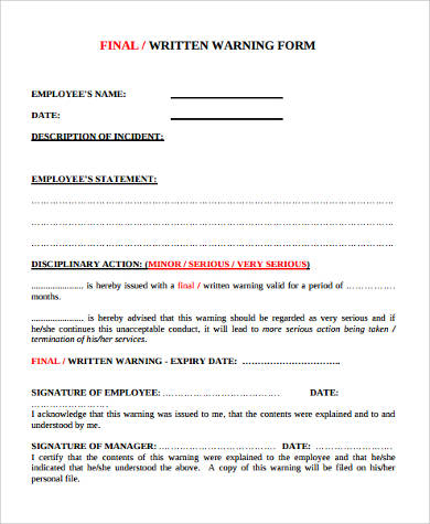 FREE 14+ Written Warning Form Samples, PDF, MS Word, Google Docs