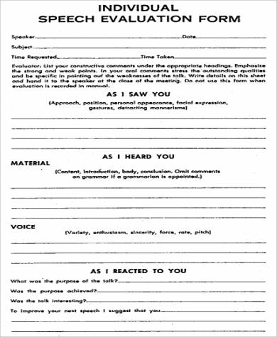 FREE 14+ Speech Evaluation Form Samples, PDF, MS Word, Google Docs, Excel
