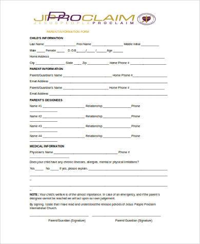 FREE 8+ Sample Parent Information Forms in PDF | MS Word