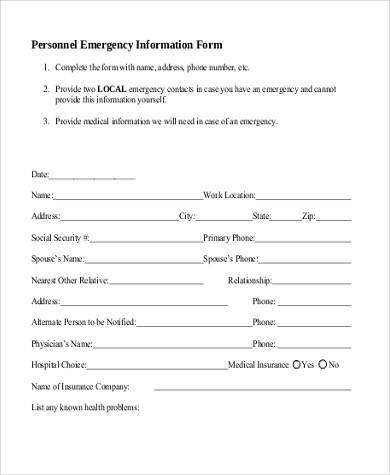 FREE 9+ Sample Emergency Information Forms in PDF | MS Word