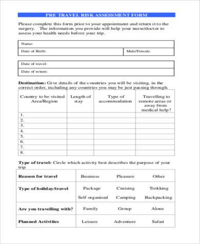 FREE 7+ Sample Travel Risk Assessment Forms in PDF | MS Word