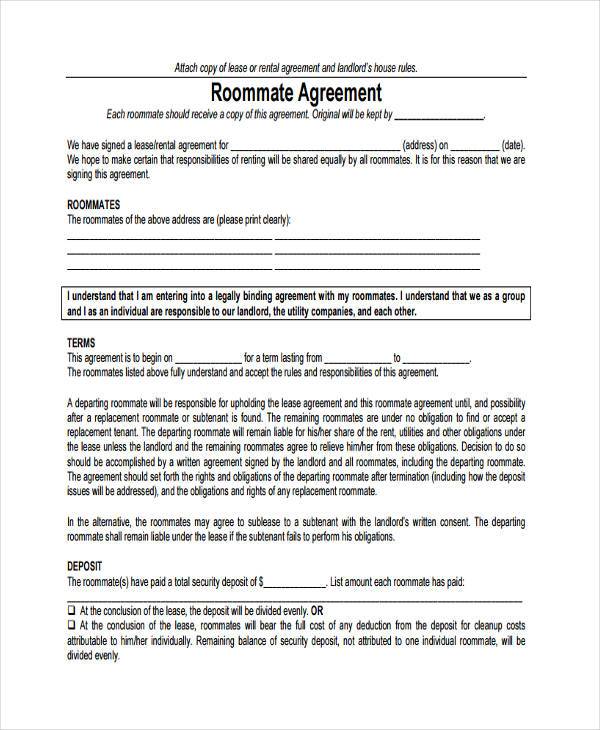 FREE 9 Sample Roommate Agreements In PDF MS Word