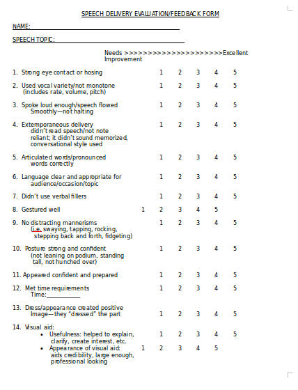 FREE 14+ Speech Evaluation Form Samples, PDF, MS Word, Google Docs, Excel