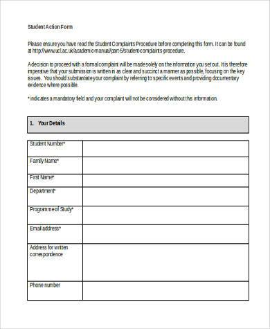 FREE 7+ Sample Student Action Forms in PDF | MS Word