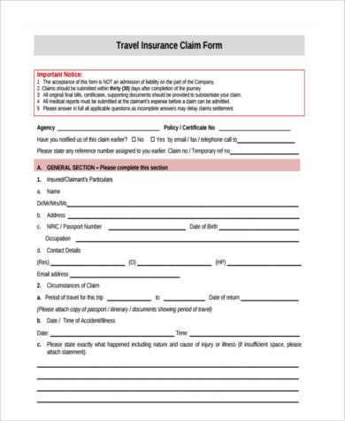 FREE 8+ Sample Travel Insurance Claim Forms in PDF | MS Word | Excel