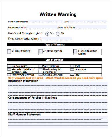 FREE 14+ Written Warning Form Samples, PDF, MS Word, Google Docs