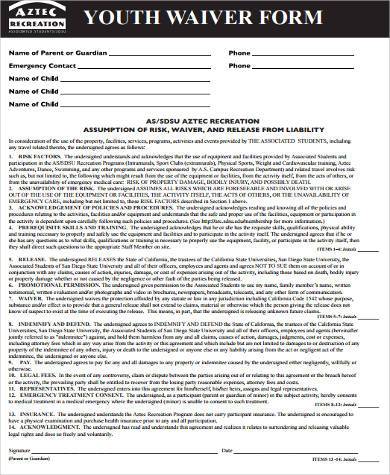 FREE 9+ Sample Youth Waiver Forms in PDF | MS Word | Excel