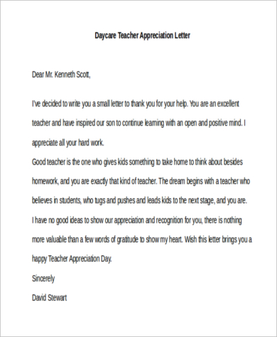 FREE 11+ Teacher Appreciation Letter Sample, PDF, MS Word, Google Docs
