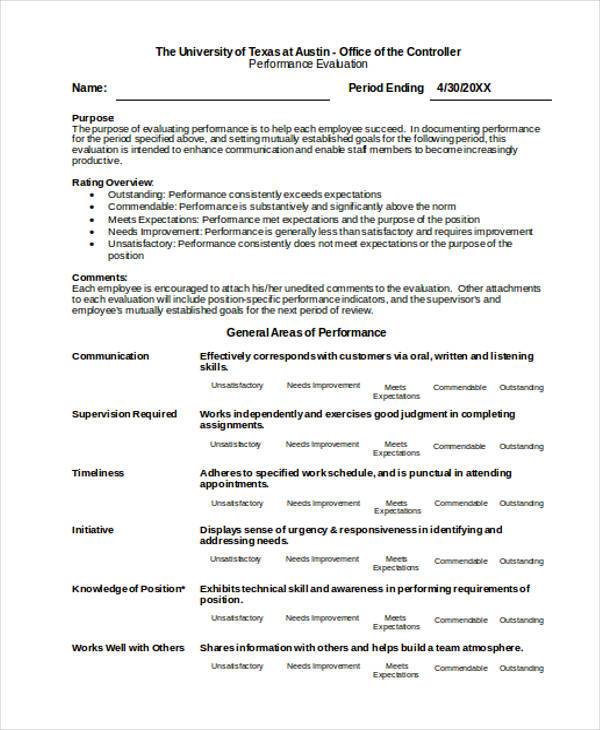 Sample Performance Evaluation Form For Accountant The Document Template