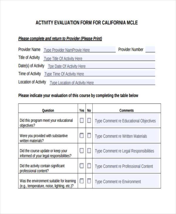 Evaluation Form Sample For Activity Seven Great Evaluation Form Sample 