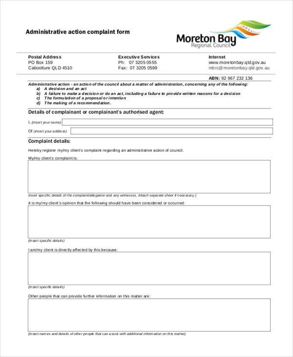 FREE 7+ Sample Administrative Complaint Forms in PDF | MS Word