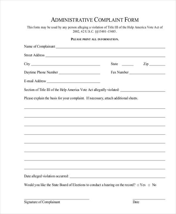 FREE 7+ Sample Administrative Complaint Forms in PDF | MS Word