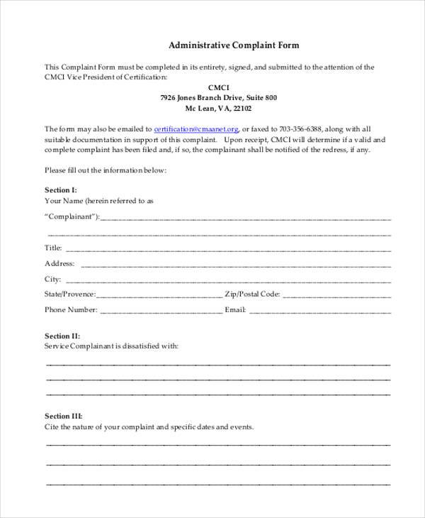 FREE 7+ Sample Administrative Complaint Forms in PDF | MS Word