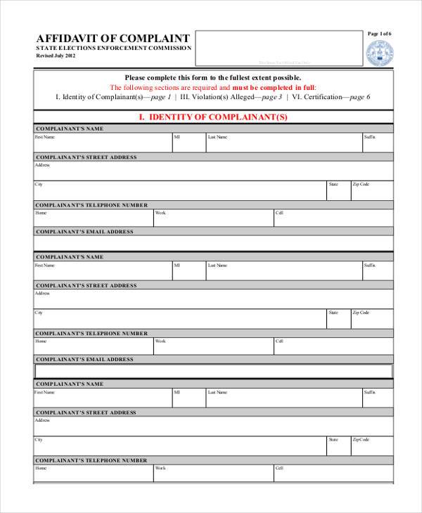 FREE 11+ Complaint Affidavit Form Samples, PDF, MS Word, Google Docs