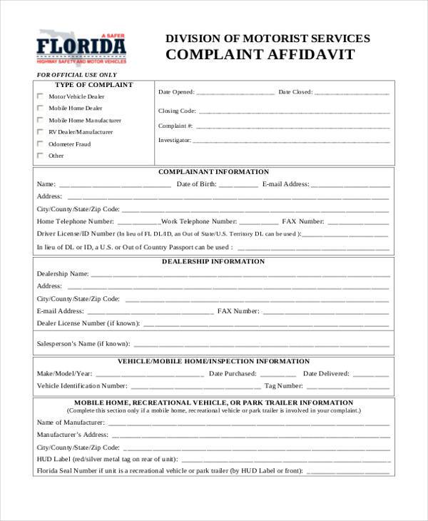 FREE 11+ Complaint Affidavit Form Samples, PDF, MS Word, Google Docs