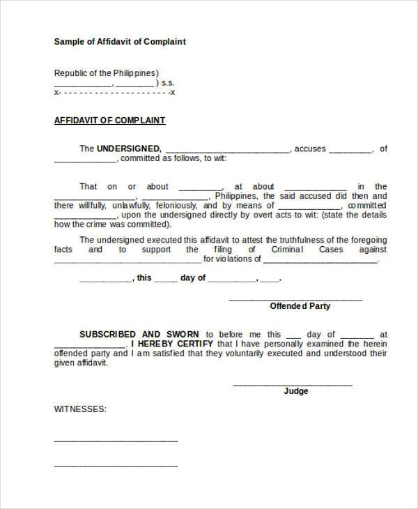 FREE 11+ Complaint Affidavit Form Samples, PDF, MS Word, Google Docs