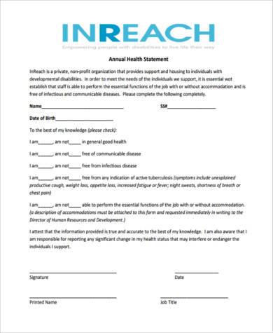 FREE 7+ Sample Health Statement Forms in PDF | MS Word