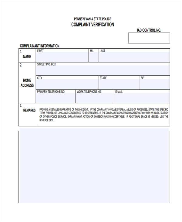 FREE 8+ Complaint Verification Forms in PDF | MS Word