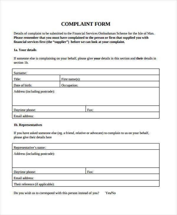 FREE 7+ Sample Financial Complaint Forms in MS Word | PDF