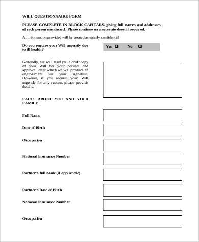 FREE 9+ Sample Will Questionnaire Forms in PDF | MS Word | Excel