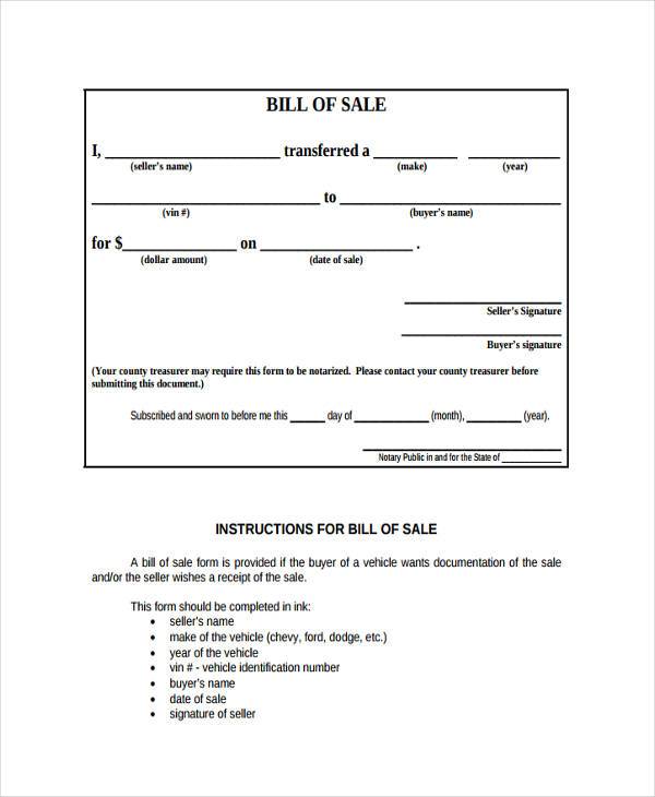 Bill Of Sale Free Template Form Of Free Printable Blank Bill Of Sale 