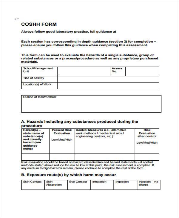 COSHH Assessment Form Template COSHH Assessment Form Template