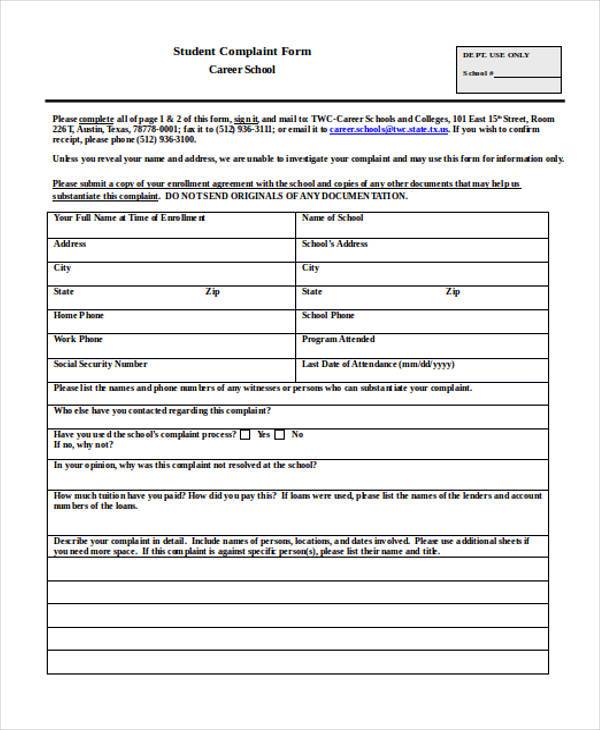 FREE 8+ Student Complaint Forms in PDF | MS Word | Excel