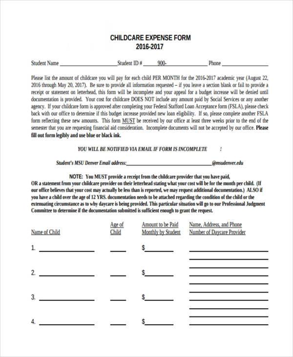 FREE 8+ Sample Child Care Expense Forms in PDF | MS Word