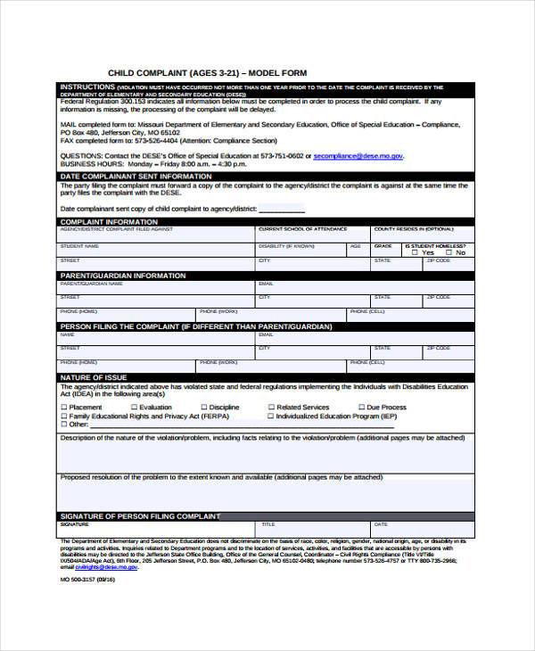 FREE 9+ Model Complaint Forms in PDF | MS Word