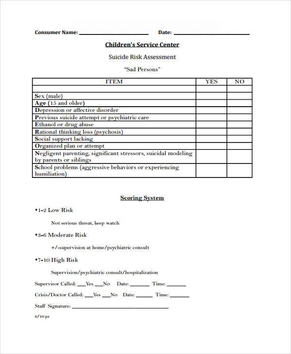 FREE 7+ Suicide Risk Assessment Forms in PDF | MS Word