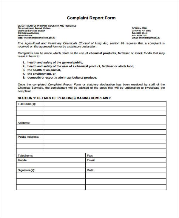 FREE 8+ Sample Complaint Reporting Forms in PDF | MS Word