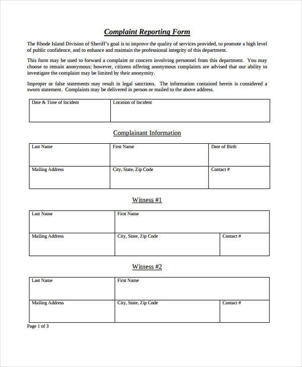 FREE 8+ Sample Complaint Reporting Forms in PDF | MS Word