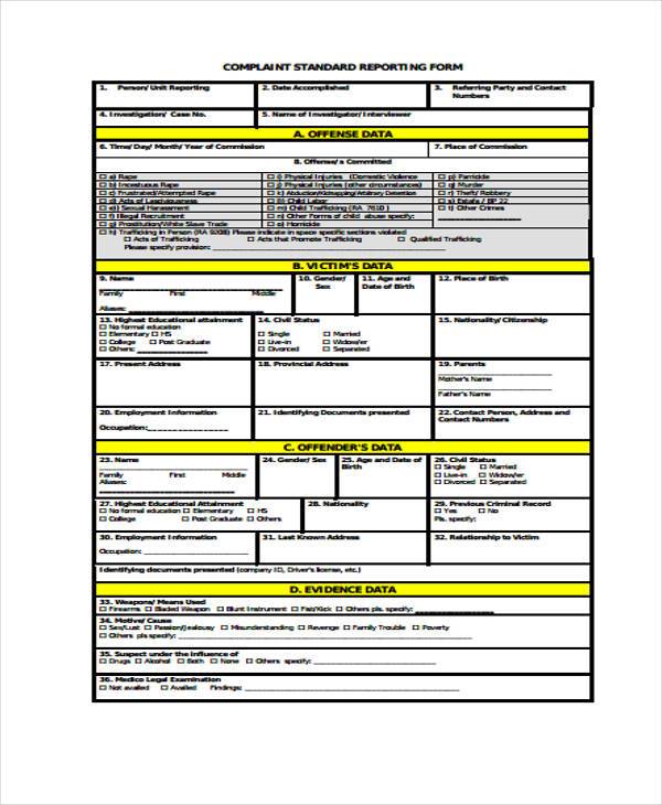 FREE 8+ Sample Complaint Reporting Forms in PDF | MS Word